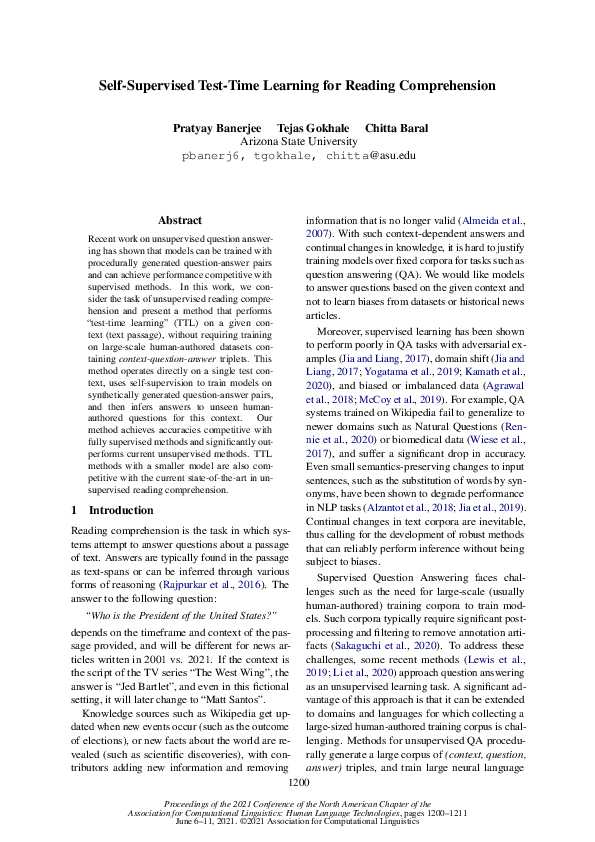 Pdf Self Supervised Test Time Learning For Reading Comprehension