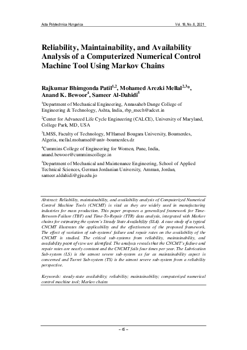 (PDF) Reliability, Maintainability, and Availability Analysis of a Computerized Numerical ...