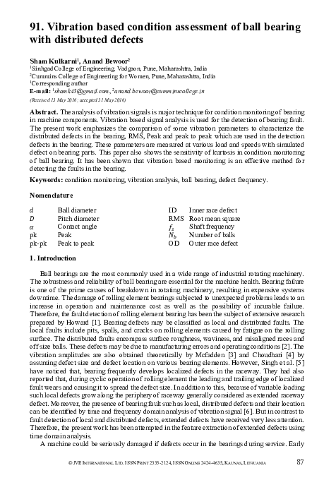 (PDF) Vibration based condition assessment of ball bearing with distributed defects