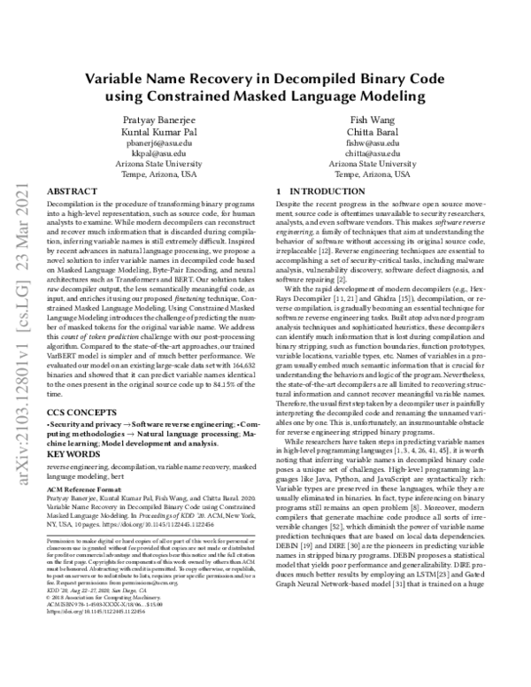 (PDF) Variable Name Recovery in Decompiled Binary Code using Constrained Masked Language Modeling