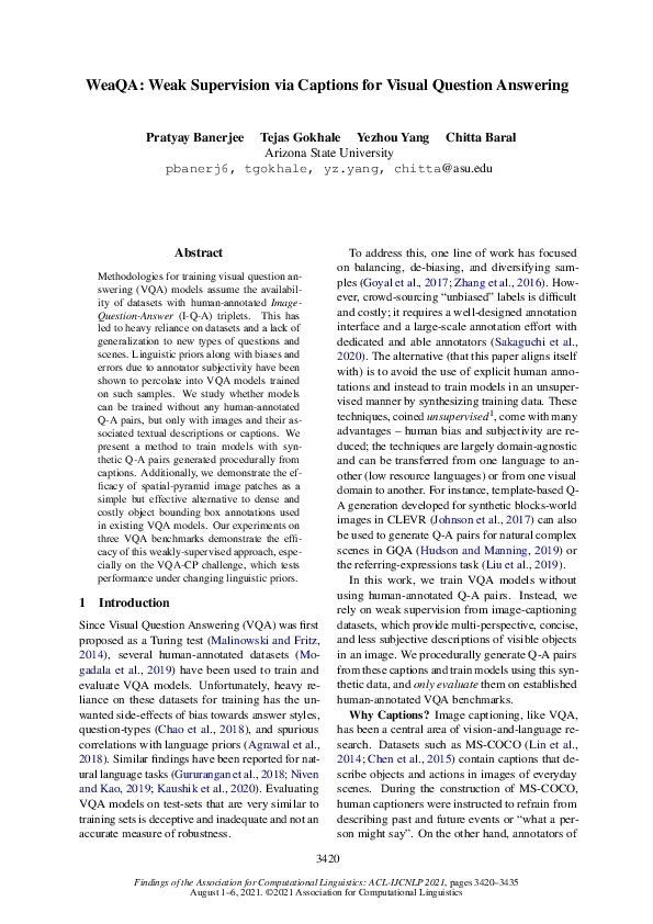 (PDF) WeaQA: Weak Supervision via Captions for Visual Question Answering | Pratyay Banerjee ...