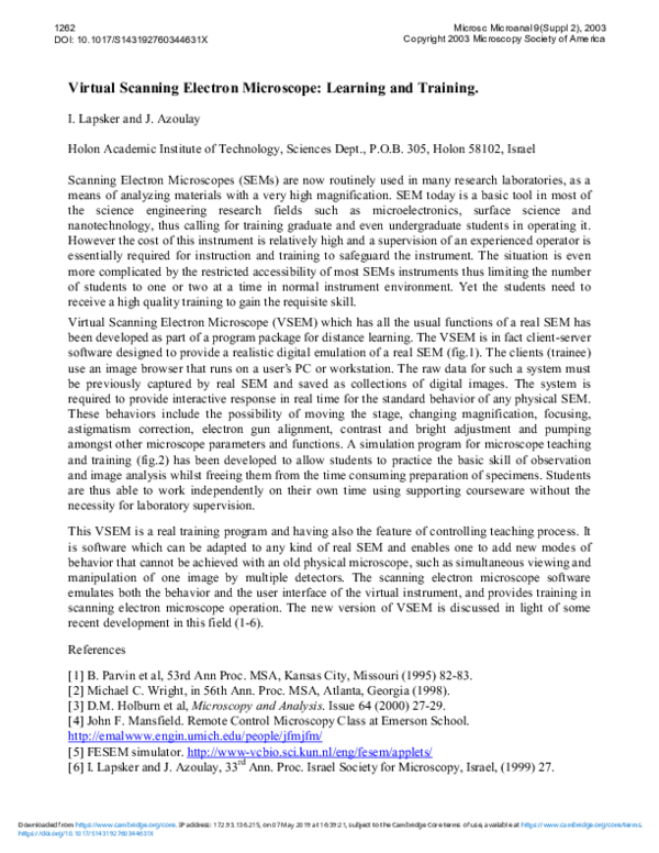 (PDF) Virtual Scanning Electron Microscope: Learning and Training