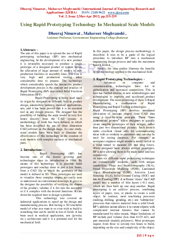 (PDF) Using Rapid Prototyping Technology In Mechanical Scale Models