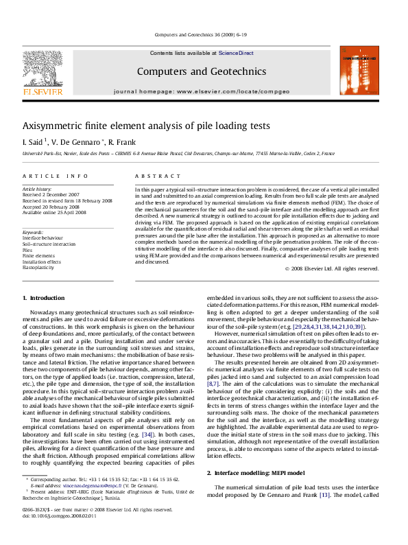 Pdf Axisymmetric Finite Element Analysis Of Pile Loading Tests