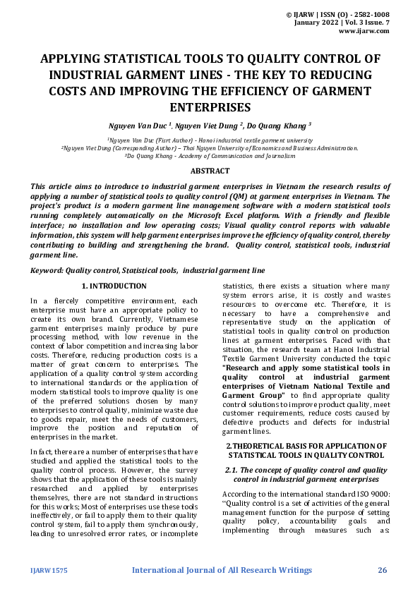 (PDF) APPLYING STATISTICAL TOOLS TO QUALITY CONTROL OF INDUSTRIAL GARMENT LINES -THE KEY TO ...