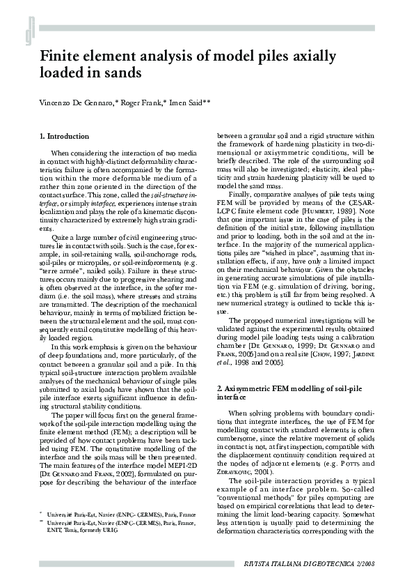 Pdf Finite Element Analysis Of Model Piles Axially Loaded In Sands