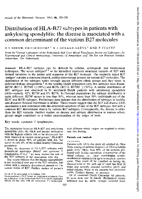 (PDF) Distribution of HLA-B27 subtypes in patients with ankylosing ...