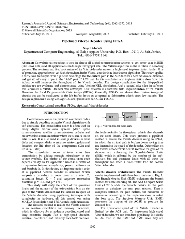 (PDF) Pipelined Viterbi Decoder Using FPGA