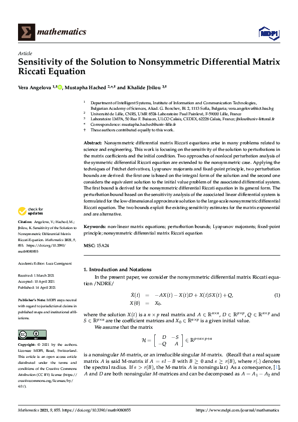 (PDF) Sensitivity of the Solution to Nonsymmetric Differential Matrix Riccati Equation