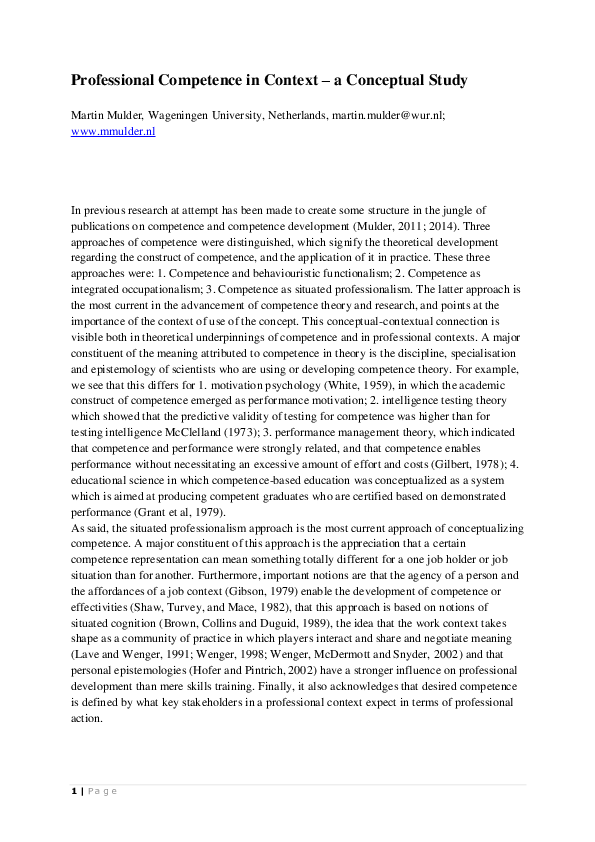 (PDF) Professional Competence in Context: A Conceptual Study