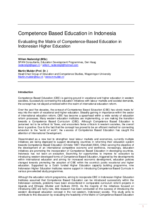 (PDF) Competence Based Education in Indonesia: Evaluating the Matrix of Competence-Based ...