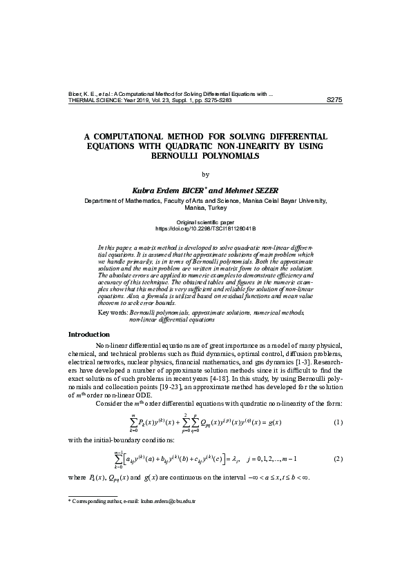 Pdf A Computational Method For Solving Differential Equations With Quadratic Nonlinearity By