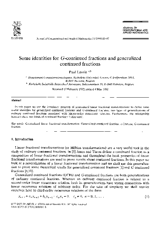 (PDF) Some identities of G-continued fractions and generalized ...
