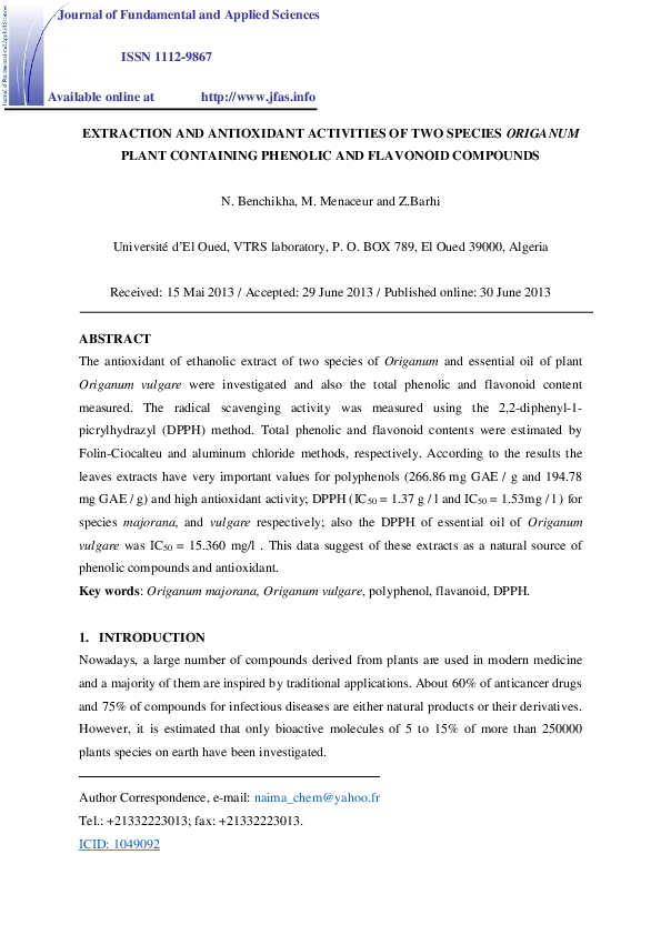 (PDF) Extraction and antioxidant activities of two species Origanum plant containing phenolic ...
