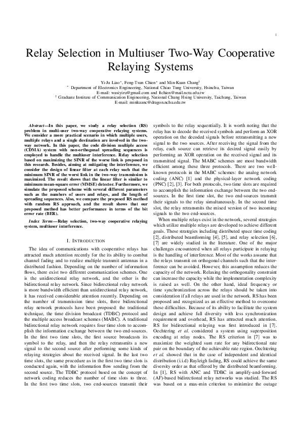 (PDF) Relay Selection in Multiuser Two-Way Cooperative Relaying Systems | Min-Kuan Chang ...