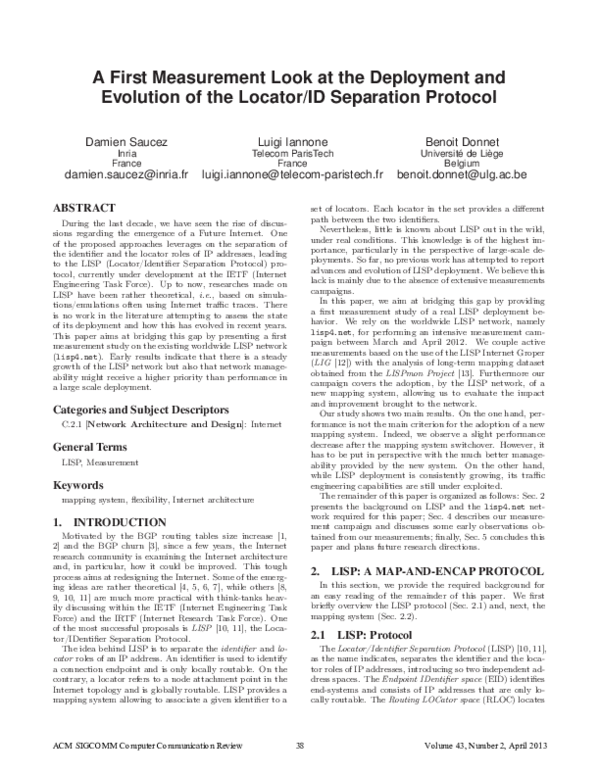 (PDF) A First Measurement Look at the Deployment and Evolution of the Locator/ID Separation Protocol
