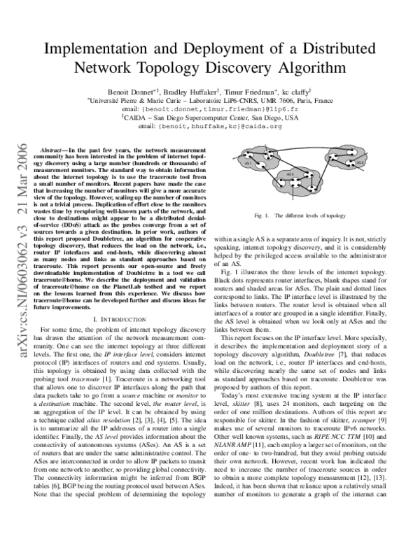 (PDF) claffy, k.: Implementation and deployment of a distributed network topology discovery ...