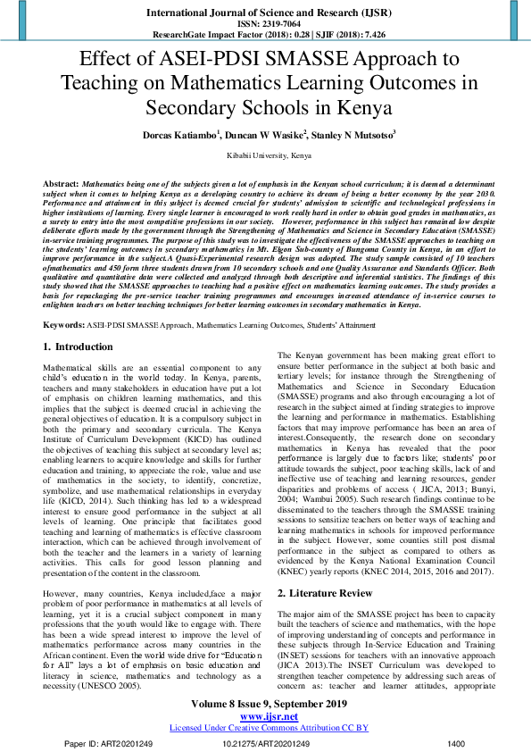 (PDF) Effect of ASEI-PDSI SMASSE Approach to Teaching on Mathematics ...