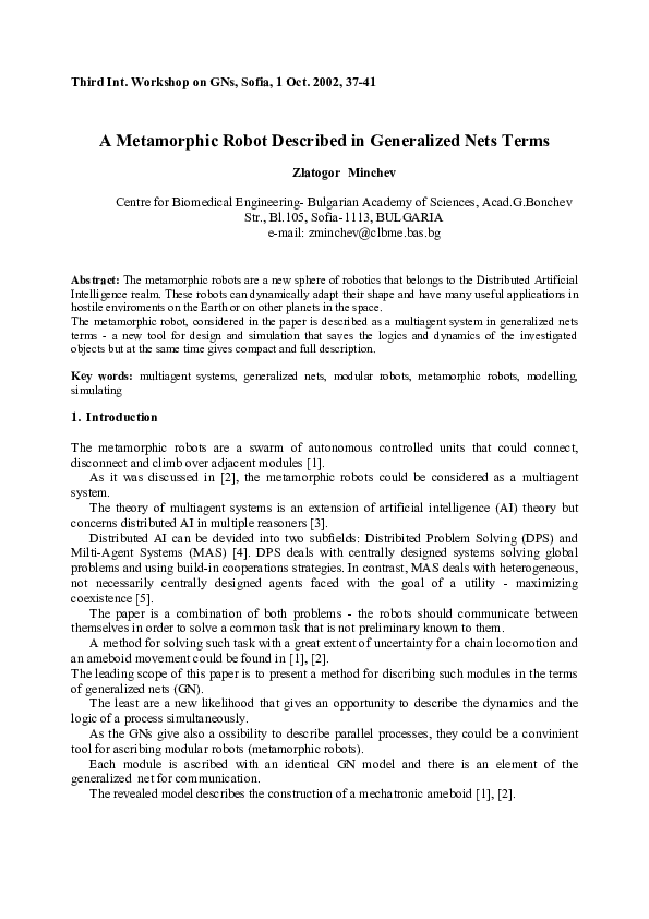 (PDF) A Metamorphic Robot Described in Generalized Nets Terms