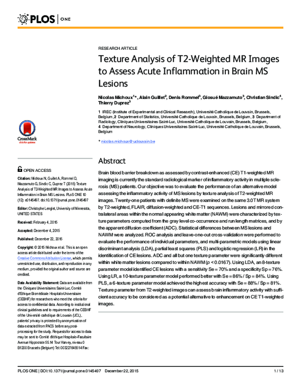 (PDF) Texture Analysis of T2-Weighted MR Images to Assess Acute ...