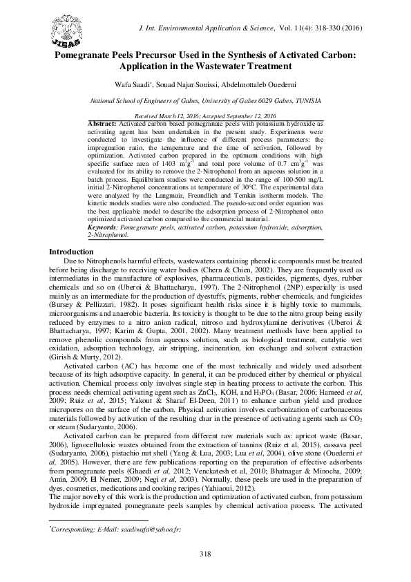 (PDF) Pomegranate Peels Precursor Used in the Synthesis of Activated Carbon: Application in the ...