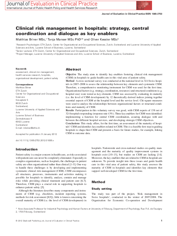 (PDF) Clinical risk management in hospitals: strategy, central ...