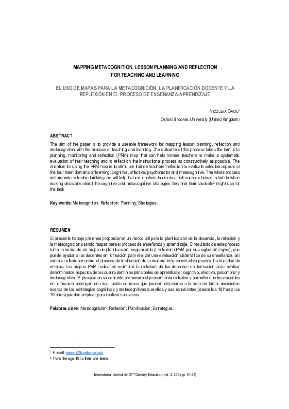(PDF) Mapping metacognition, lesson planning and reflection for teaching and learning