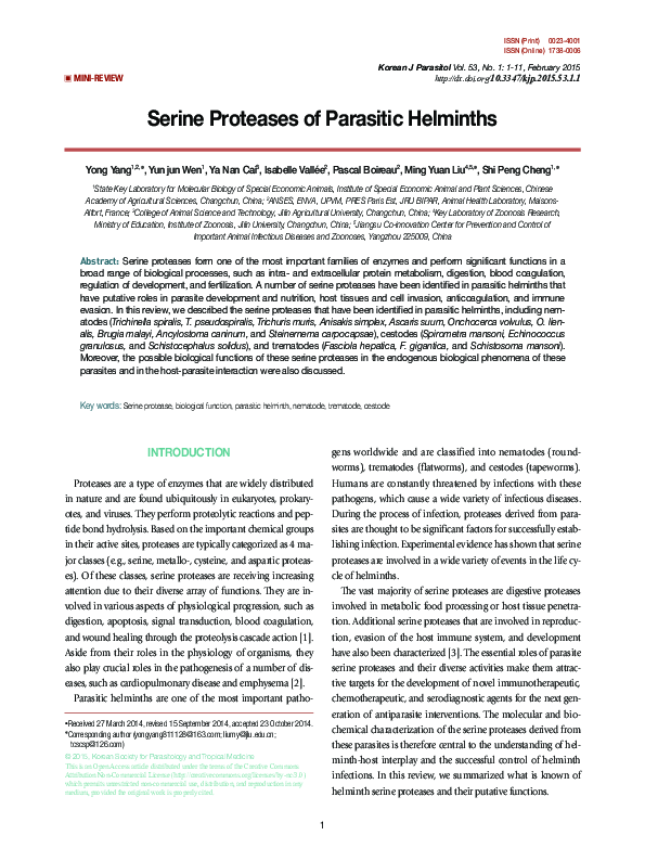 (PDF) Serine Proteases of Parasitic Helminths