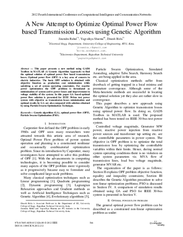 (PDF) A New Attempt to Optimize Optimal Power Flow Based Transmission Losses Using Genetic Algorithm