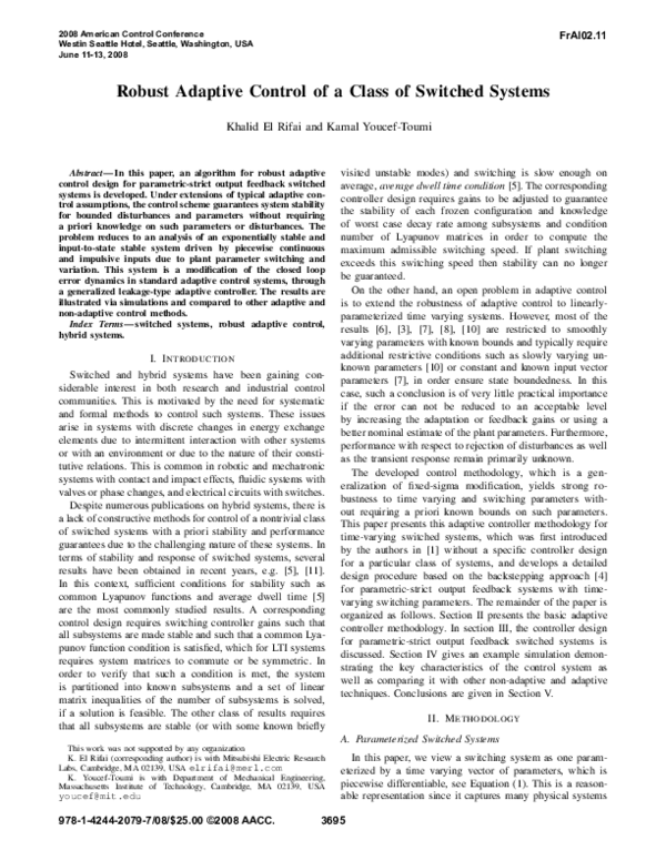(PDF) Robust adaptive control of a class of switched systems