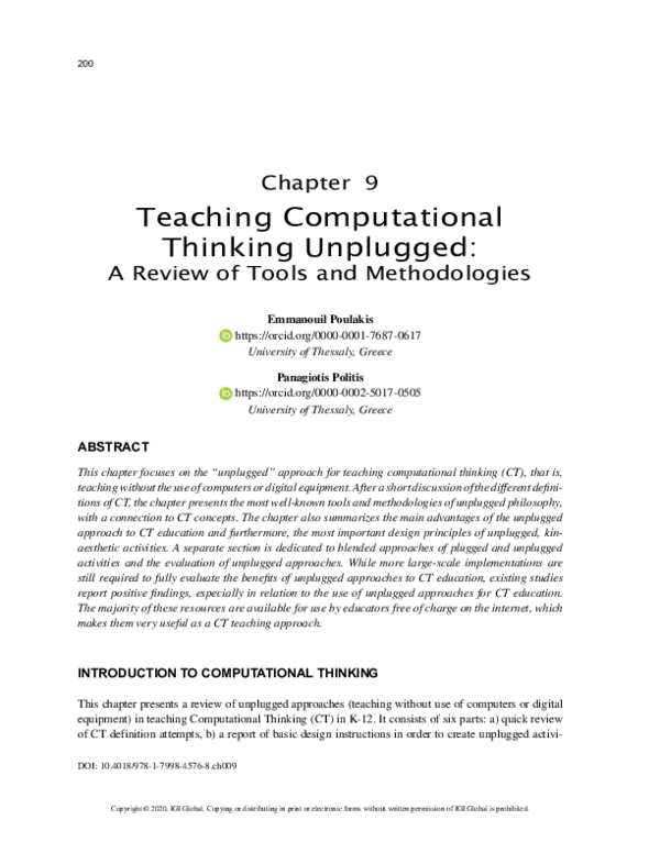 Pdf Teaching Computational Thinking Unplugged