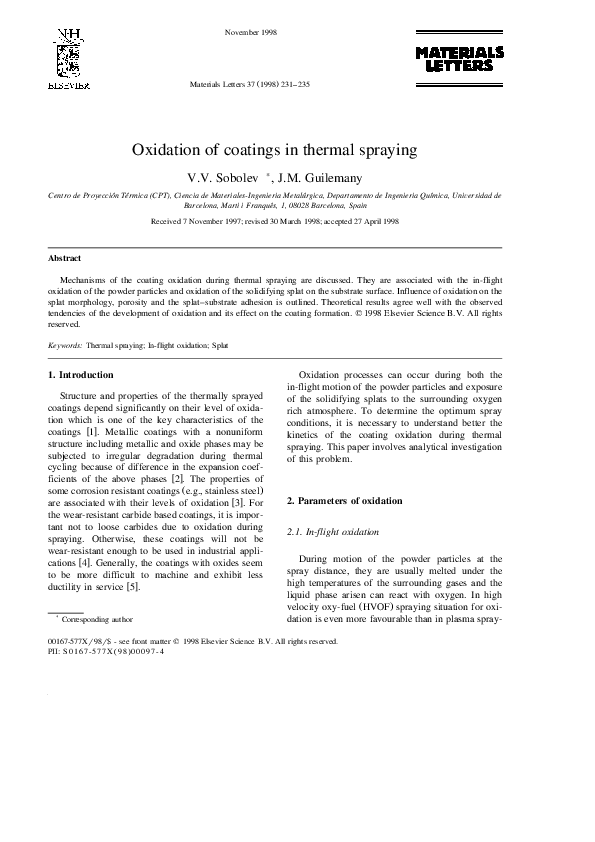(PDF) Oxidation of coatings in thermal spraying