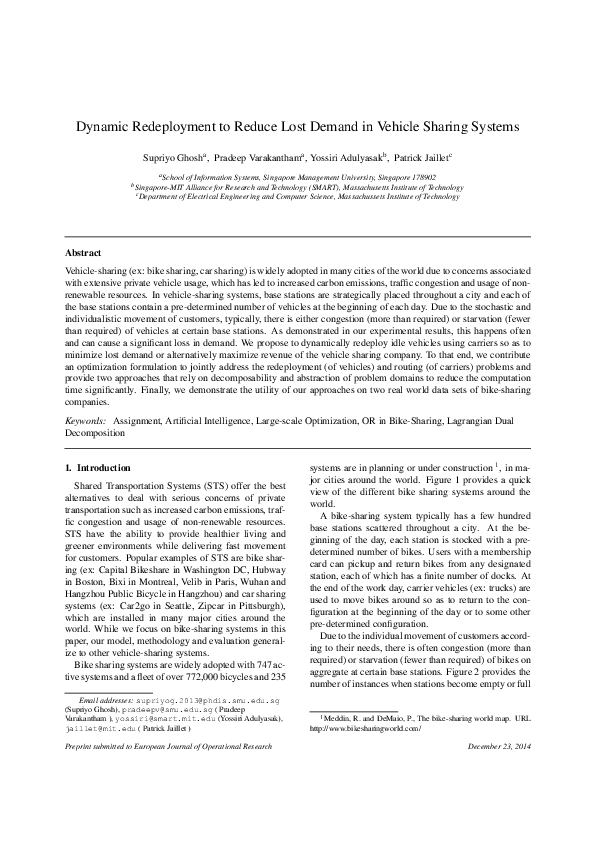 (PDF) Dynamic Redeployment to Reduce Lost Demand in Vehicle Sharing Systems