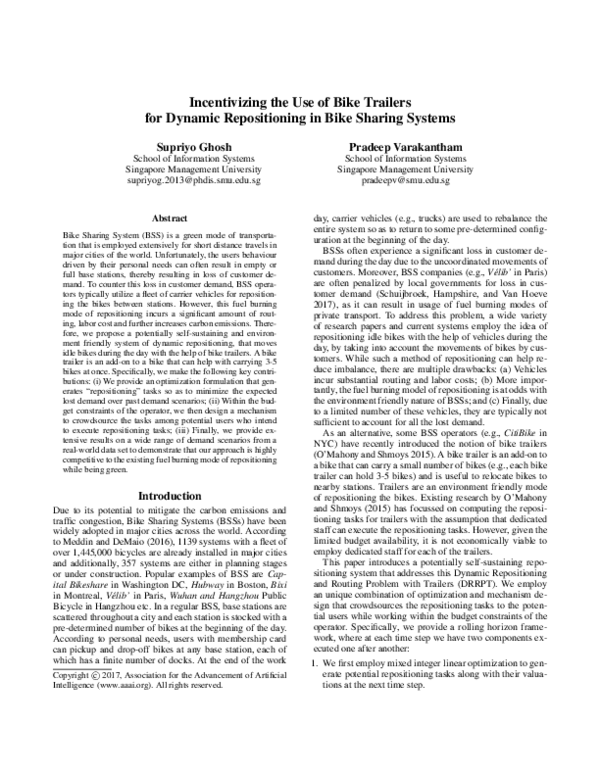 (PDF) Incentivizing the Use of Bike Trailers for Dynamic Repositioning in Bike Sharing Systems