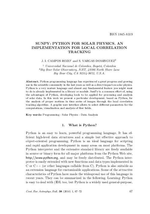 (PDF) SunPy: Python for Solar Physics. An implementation for local correlation tracking