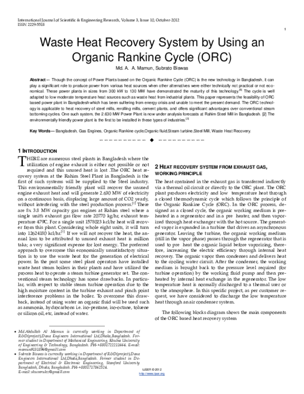 (PDF) Waste Heat Recovery System by Using an Organic Rankine Cycle (ORC)