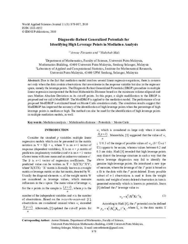 (PDF) Diagnostic-Robust Generalized Potentials for Identifying High Leverage Points in Mediation ...