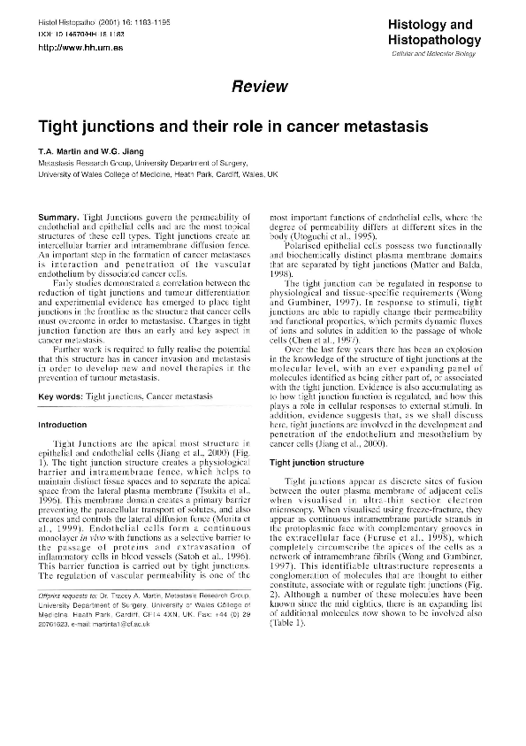 (PDF) Tight junctions and their role in cancer metastasis