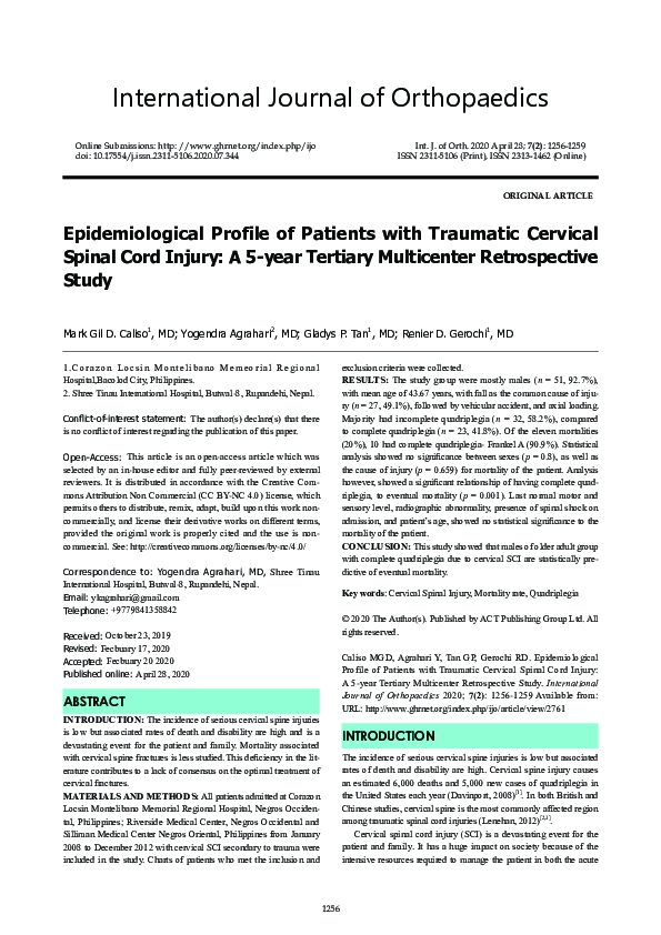 (PDF) Epidemiological Profile of Patients with Traumatic Cervical Spinal Cord Injury: A 5-year ...