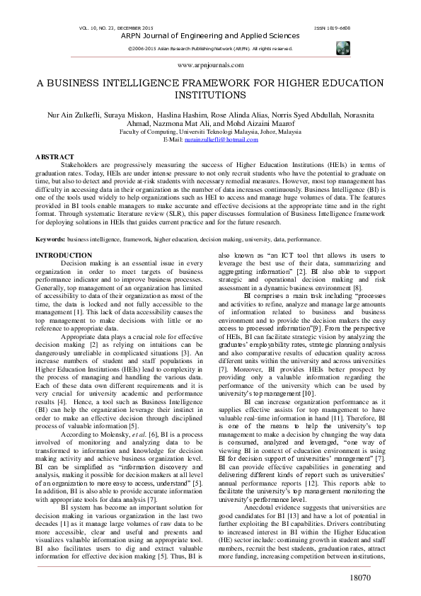 (PDF) A business intelligence framework for Higher Education Institutions