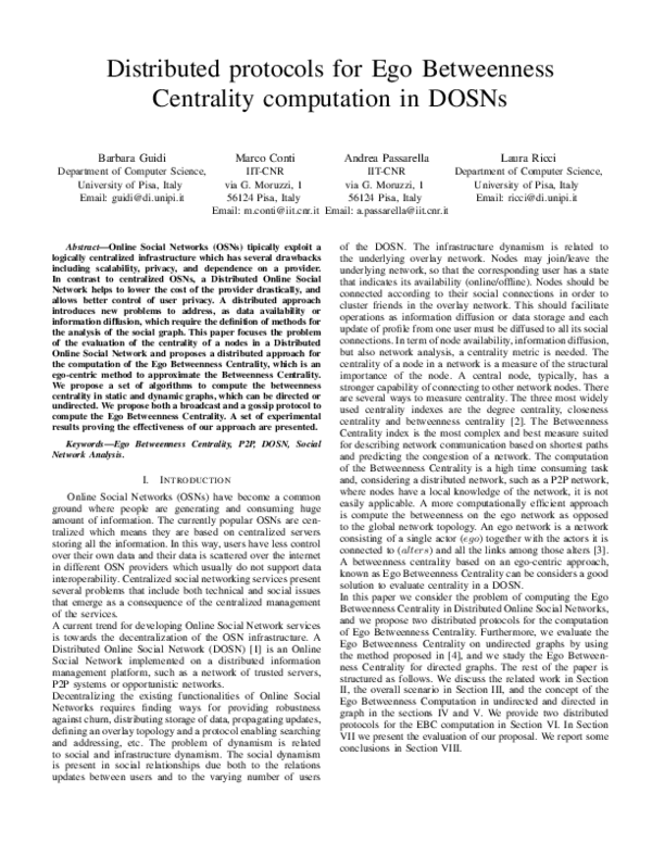 (PDF) Distributed protocols for Ego Betweenness Centrality computation in DOSNs