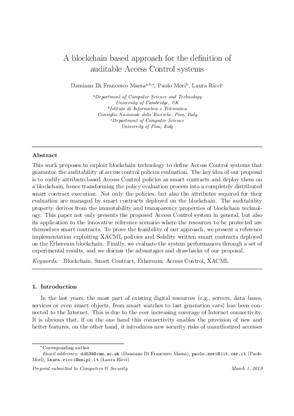 Pdf A Blockchain Based Approach For The Definition Of Auditable Access Control Systems Laura