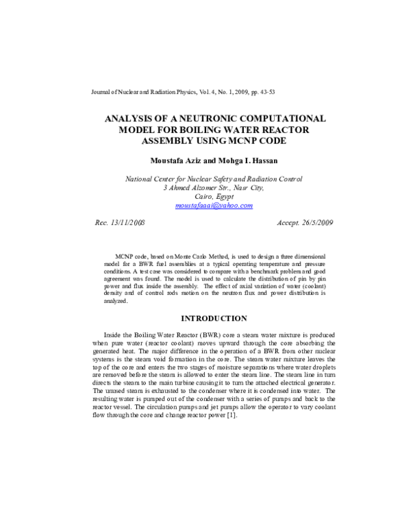 (PDF) Analysis of a Neutronic Computational Model for Boiling Water Reactor Assembly Using MCNP Code