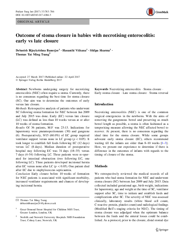 (PDF) Outcome of stoma closure in babies with necrotising enterocolitis ...