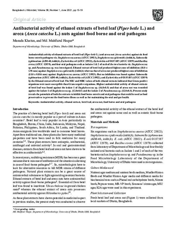 (PDF) Antibacterial activity of ethanol extracts of betel leaf (Piper betle L.) and areca (Areca ...