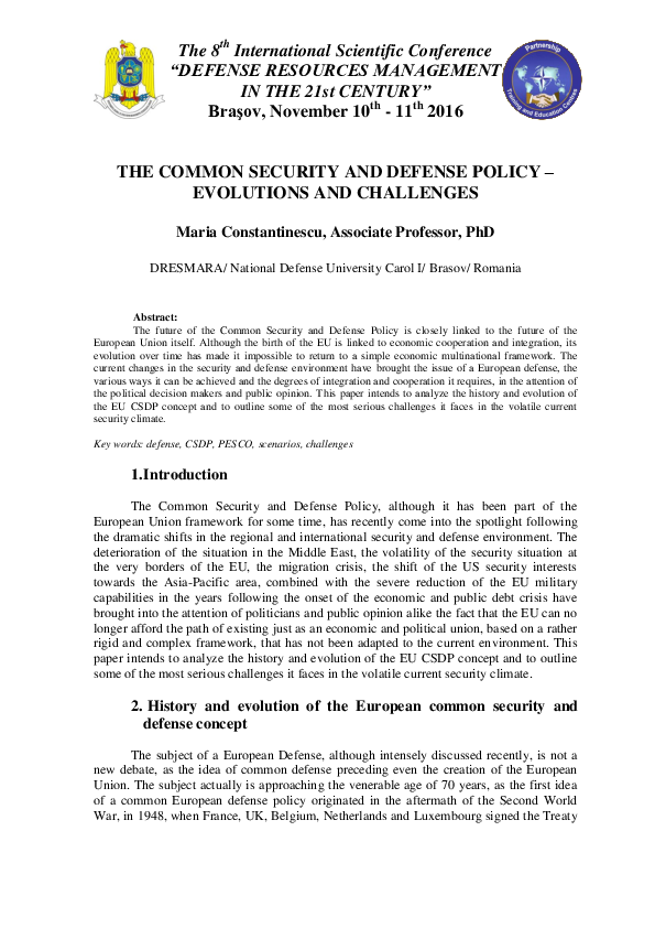 (PDF) The Common Security and Defense Policy – Evolutions and Challenges