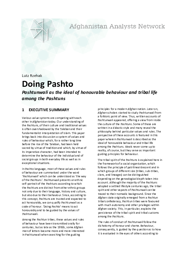 (PDF) Pashtunwali as the ideal of honourable behaviour and tribal life ...