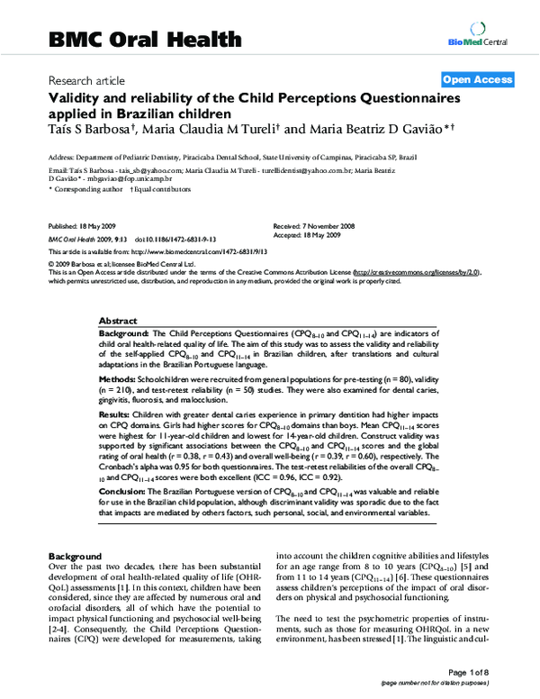 (PDF) Validity and reliability of the Child Perceptions Questionnaires ...