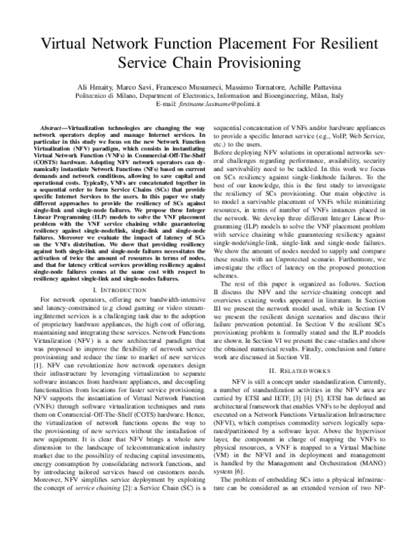 (PDF) Virtual Network Function placement for resilient Service Chain provisioning