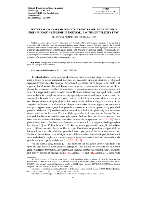 (PDF) Perturbation analysis on matrix pencils for two specified ...